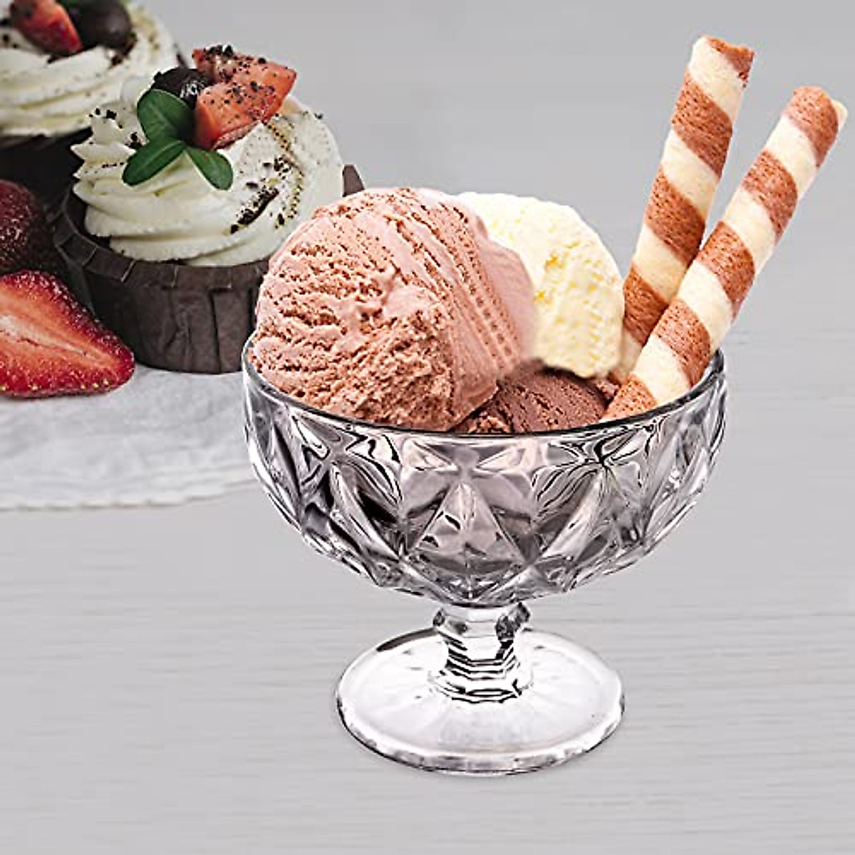 Lawei Set of 6 Glass Dessert Bowls, 10 Oz Footed Ice Cream Sundae Cups, Vintage Embossed Thick Dessert Dishes, Clear Crystal Glass Serving Bowls for Parfait, Dessert, Snack, Cocktail, Cereal, Fruit