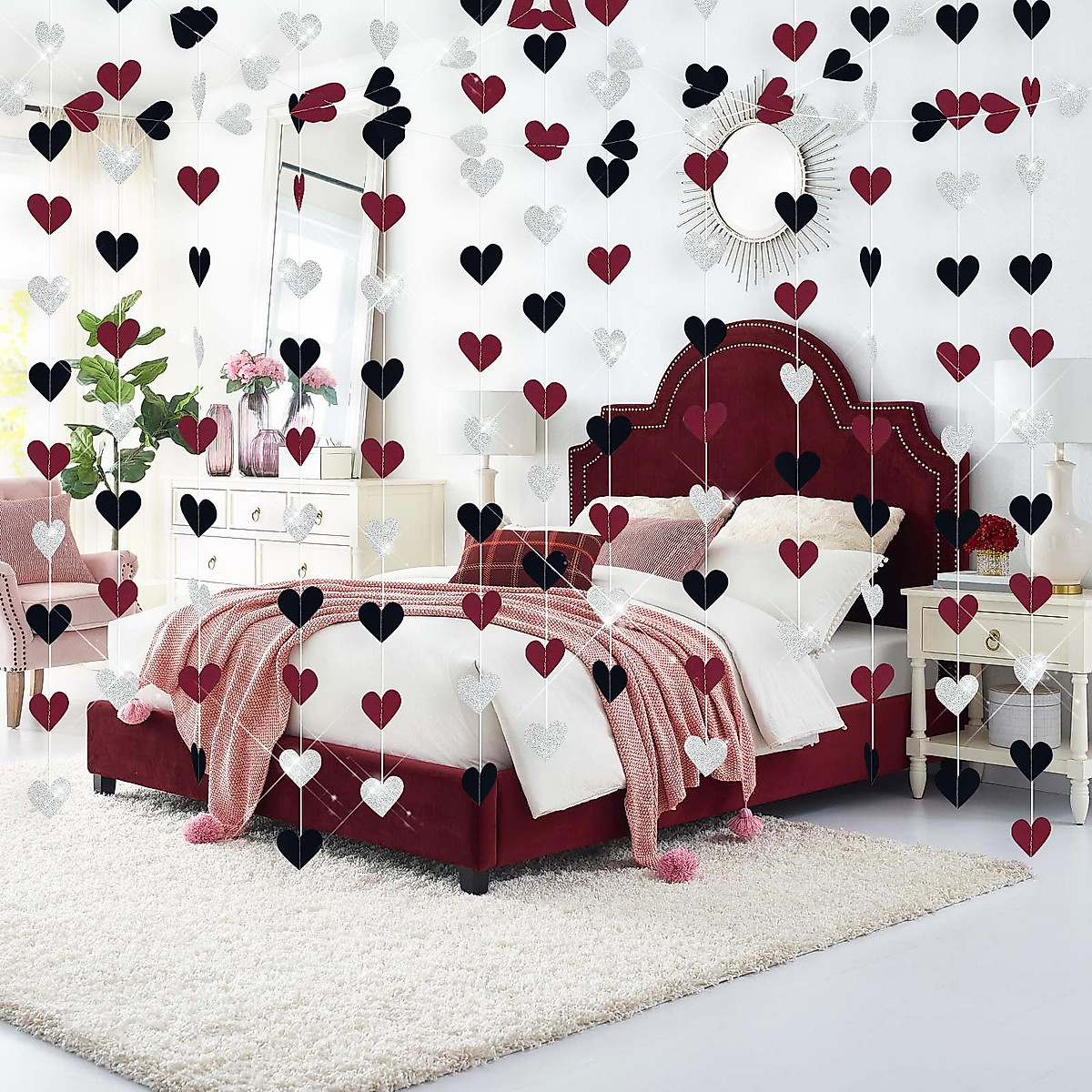 Bridal Shower Decorations Maroon Black/Wedding Decorations/Burgundy Valentine's Day Garland Decorations/Maroon Black Birthday Party Decorations Burgundy Black Heart Paper Garlands 2pcs