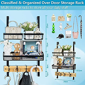 ETECHMART Over The Door Hooks Organizer, Door Hanger with 3 Mesh Baskets & Bamboo Coat Rack, Heavy Duty Towel Rack for Bathroom Kitchen Hanging Clothes Hats, Heavy Duty Back of Door Storage, Bamboo