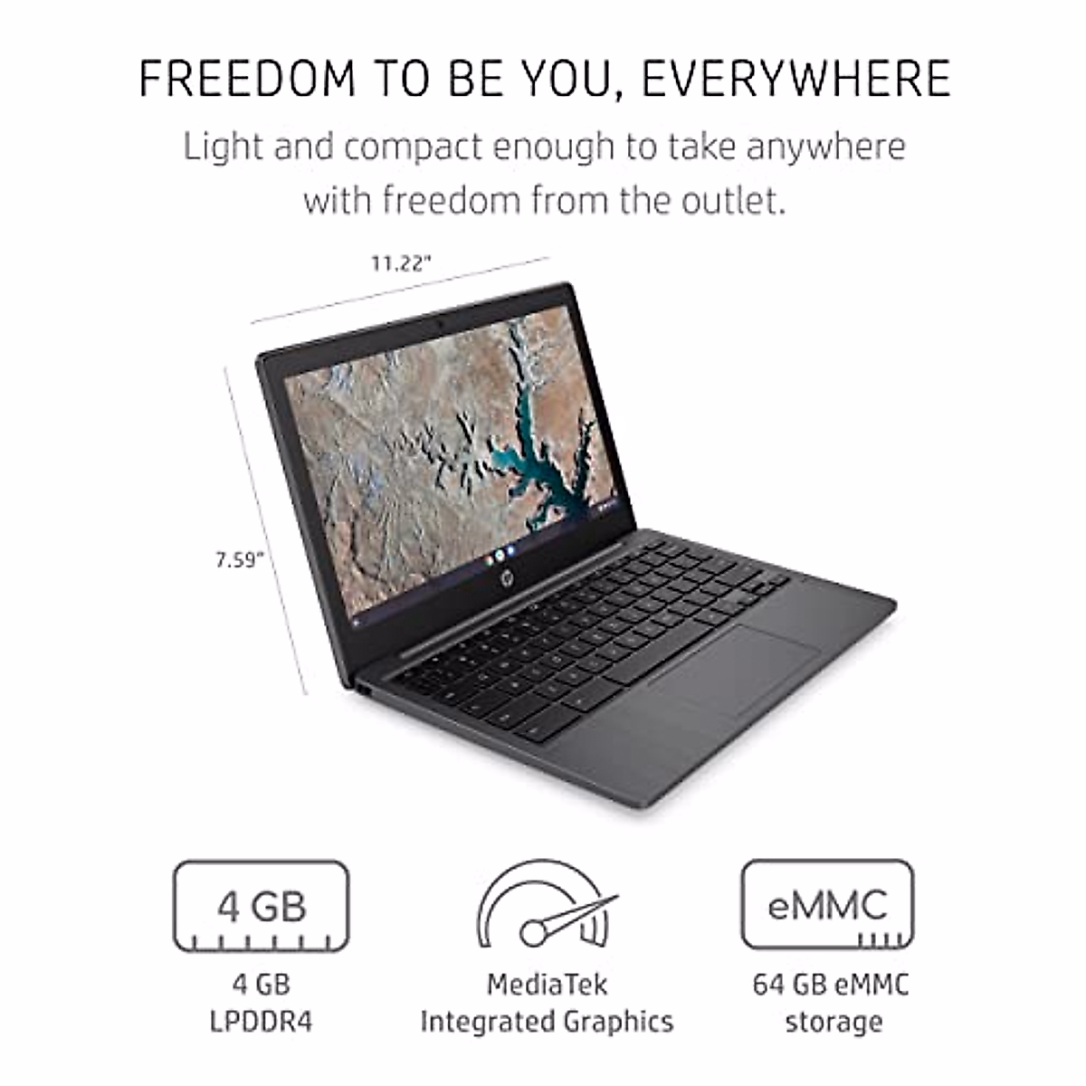 HP Chromebook 11 Laptop, MediaTek MT8183, 4 GB RAM, 64 GB eMMC, 11.6" HD Touchscreen, Chrome OS, Long Battery Life, USB-C Port, Custom-Tuned Speakers, Lightweight (11a-na0100nr, 2022, Ash Gray)