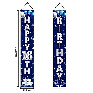 Blue Silver 16th Birthday Door Banner Decorations, Happy 16 Birthday Party Porch Sign Supplies for Boys, Sweet 16 Year Old Birthday Party DéCor