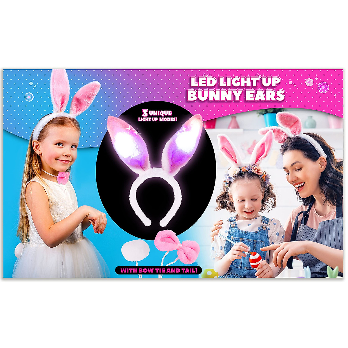 Kangaroo Plush LED Light Up Bunny Costume Adult, White Bunny Ears, Tail & Bowtie Cosplay Accessories, White Rabbit Ears for Easter & Halloween, All Party Favor Basket Stuffers Pink, Stocking Stuffer