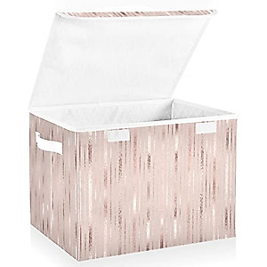 Kigai Storage Basket Rose Gold Stripes Storage Boxes with Lids and Handle, Large Storage Cube Bin Collapsible for Shelves Closet Bedroom Living Room, 16.5x12.6x11.8 In
