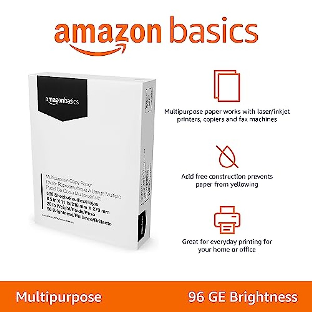 Amazon Basics Multipurpose Copy Printer Paper, 20 Pound, White, 96 Brightness, 8.5 x 11 Inch - 10 Reams (5,000 Sheets Total)