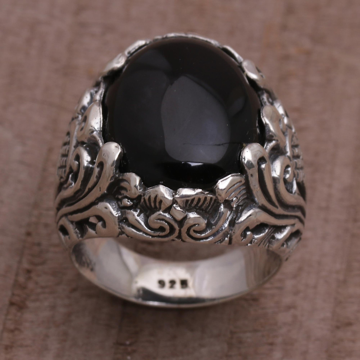 NOVICA Artisan Handmade Onyx Cocktail Ring Crafted Floral Sterling Silver Black Red Indonesia Birthstone [crownbezel 0.9 in H x 0.9 in W x 0.3 in D Band Width 5 mm W] ' Night Bloom'