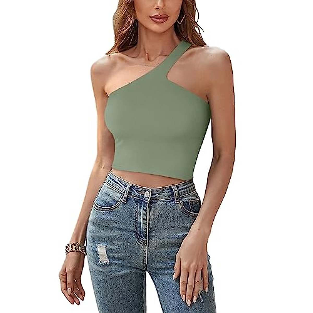 REORIA Summer Sexy Casual One Shoulder Double Lined Seamless Backless Sleeveless Cropped Tank Going Out Trendy Cute Crop Tops Dark Green Medium