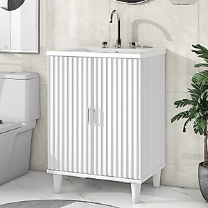 24" Bathroom Vanity Sink Combo, Freestanding Single Basin Vanity Set with Two Doors and Adjustable Shelves Solid Wood Bathroom Sink Cabinet, White