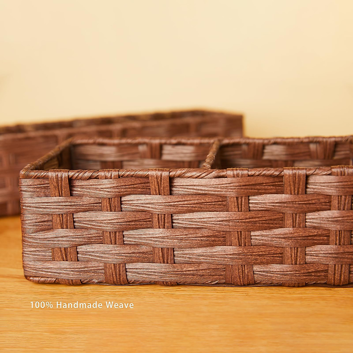 Buaihekefei Toilet Tank Topper Paper Basket ，Bathroom Organizers and Storage ，Waterproof Plastic Wicker Baskets for Organizing，Back of Toilet Basket with dividers，Brown, 2-Pack