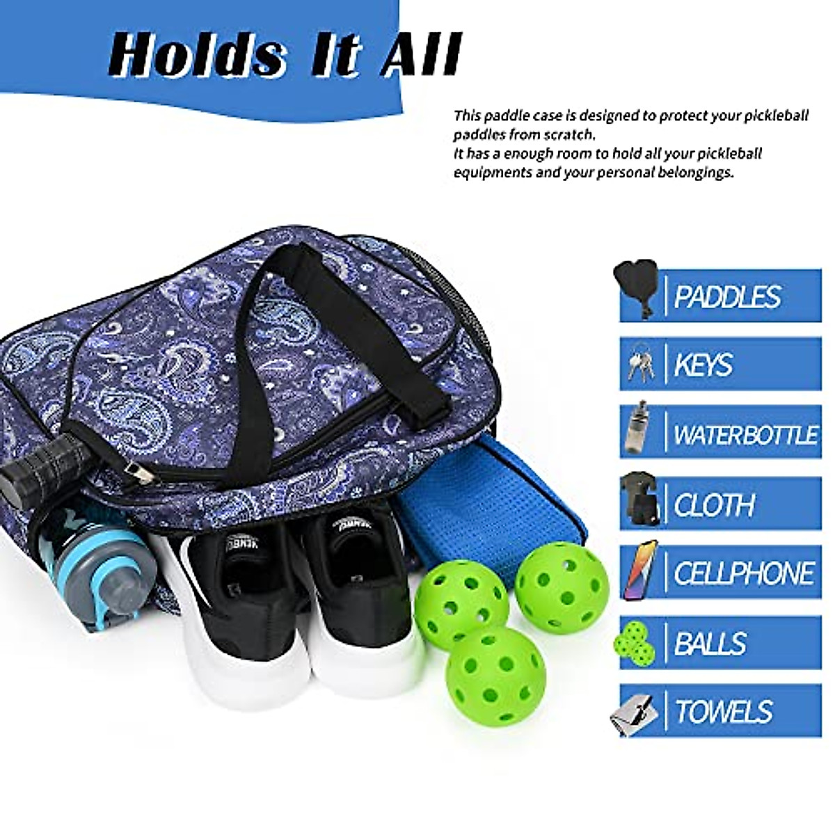Boulder Bee | Premium Pickleball Bags | PickleBall Tote Bag for Women | Women’s Hand/Shoulder Gym Bag w Water Bottle Holder | With Racquet/Paddle Holder (Blue cashew flower)