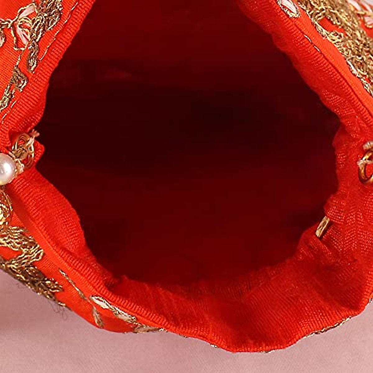 Indian Ethnic Designer Embroidery Silk Potli bag Batwa Pearls Handle Ladies Handbag Purse for Bridal Party Clutch for Women wedding and Gifting (Orange)
