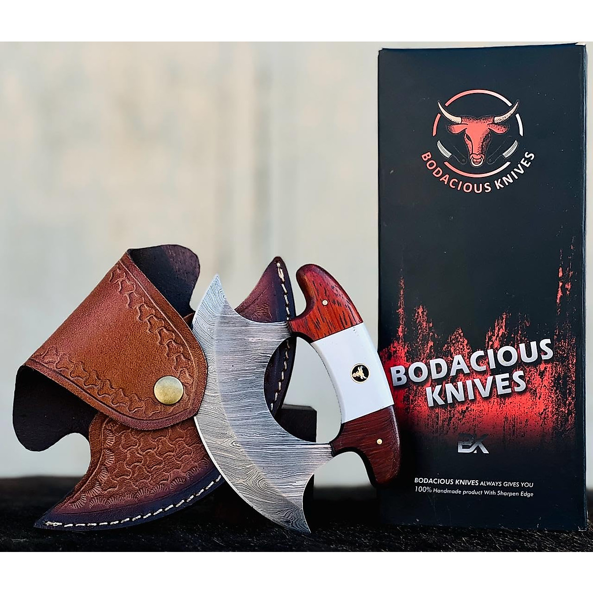 Bodacious Knives Damascus Ulu Knife- Handmade 5.5"" Alaskan Pizza Cutter Small Ulu Knife with Sheath- Ideal Alaska gifts for Chopping, Slicing, Mincing, and Skinning (Red & White), Traditional