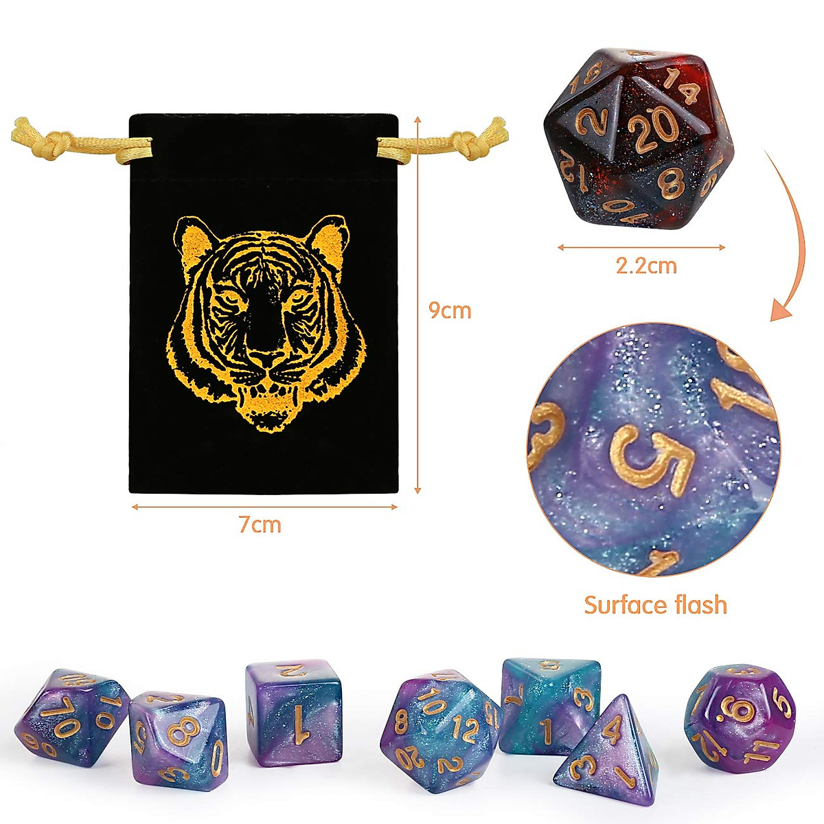 GWHOLE 42 Pcs(6 Sets) Polyhedral Dice with Gold Pattern Drawstring Pouches for DND RPG MTG Dungeon and Dragons Table Board Roll Playing Games Style 2