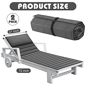 Hoolerry 2Pcs Folding Chaise Lounge Cushion Outdoor 72'' x 21'' Waterproof Lounge Chair Cushion Sofa Lawn Lounge Cushion with Headrest and Pocket Patio Recliner Cushion for Pool, No Chair (Grey)