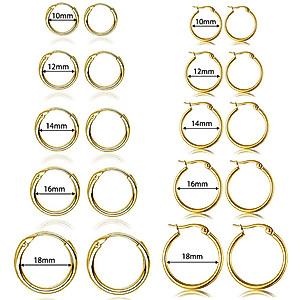 10 Pairs Gold Hoop Earrings for Women Small Stainless Steel Hypoallergenic Earrings Set Mens Unisex Nickel Free 10MM-18MM