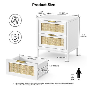 Giluta Farmhouse White nightstands with 2 Drawers, Natural Rattan Night Stand, White End Table with Metal Legs, Bedside Table for Bedroom