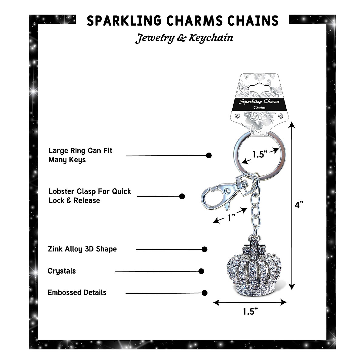 Aqua 79 Sparkly Crown Keychain Charm - Silver 3D Rhinestone Keychain for Women and Men, Metal Alloy Crystal Keychain, Fashionable Keychain Accessory, Bling Keychain for Your Crystal Pouch - 1.6 inch