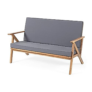 Christopher Knight Home Panama Outdoor Acacia Wood Chat Set with Water Resistant Cushions, 4-Pcs Set, Teak Finish / Grey