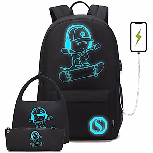 Pawsky School Backpack for Kids Skateboard Anime Luminous Backpack with USB Charging Port, Anti Theft Lock, College School Bookbag for Teen Boys and Girls with Lunch Bag and Pencil Case
