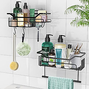 PAGVMIN Shower Caddy Bathroom Shelf, No Drilling Adhesive Bathroom Storage Organizer with Towel Bar and Hooks, Rustproof Shower Shelf Kitchen Storage Basket - 2 Pack, Black