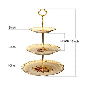 YOLIFE 3 Tiered Cupcake Stand, Cream Color Cake Platters, Flowering Shrubs Emboss Golden Leaves Edge Porcelain Tea Serving Tower Tray for Party Dessert Pastry