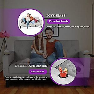 TYBOATLE 62" W Loveseat Sofa w/ 2 USB Charger Ports and 2 Cupholders, Mid-Century Modern Tufted Linen Fabric Small Love Seat Couches for Compact Living Room, Bedroom, Apartment, Dorm (Light Grey)