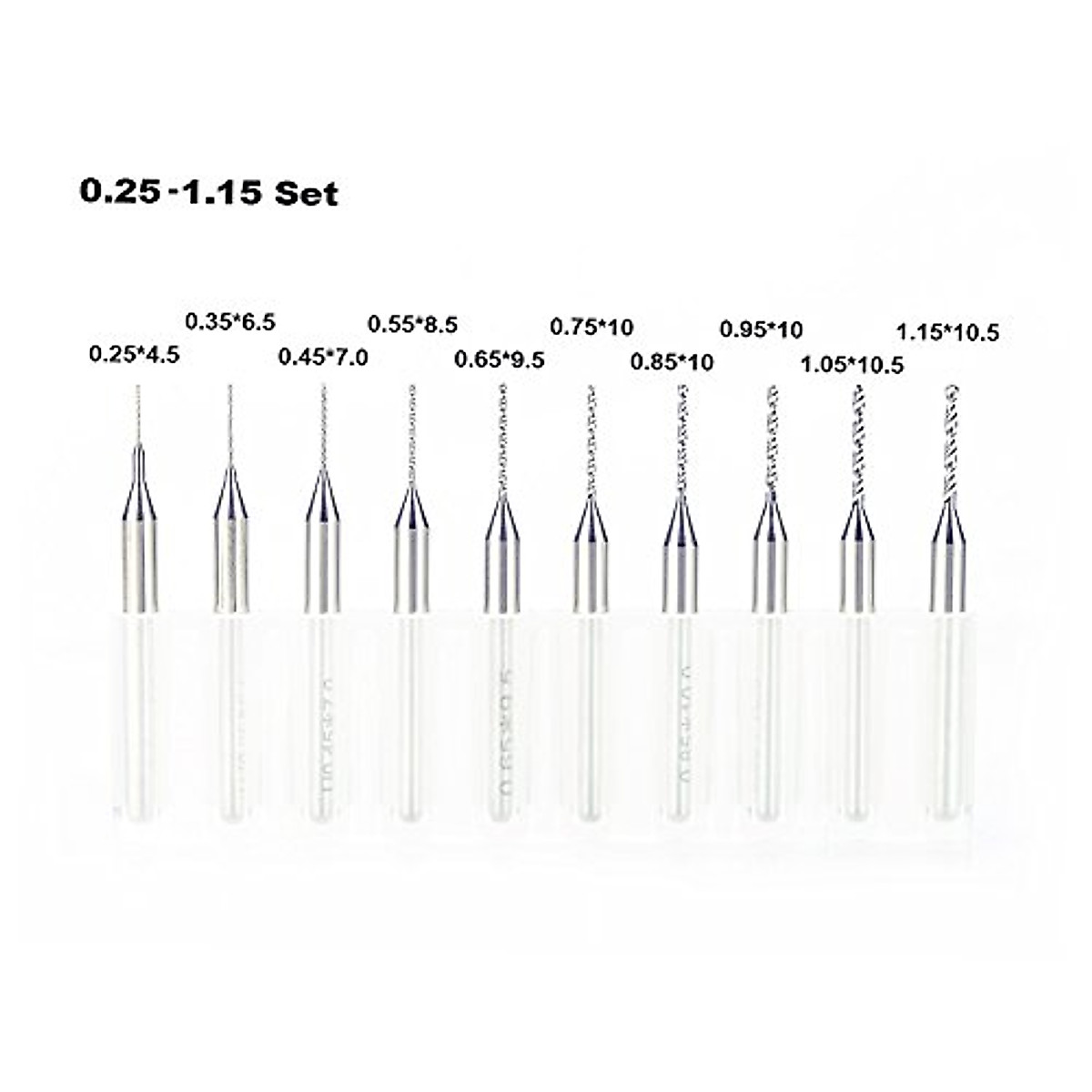 HUHAO 10PCS PCB Drill Bits Sets Spiral Flute Carbide 0.25mm to 1.15mm Carbide PCB Mini Drill Bit CNC Engraving Tool Tungsten Steel for Print Circuit Board Jewelry (2680)