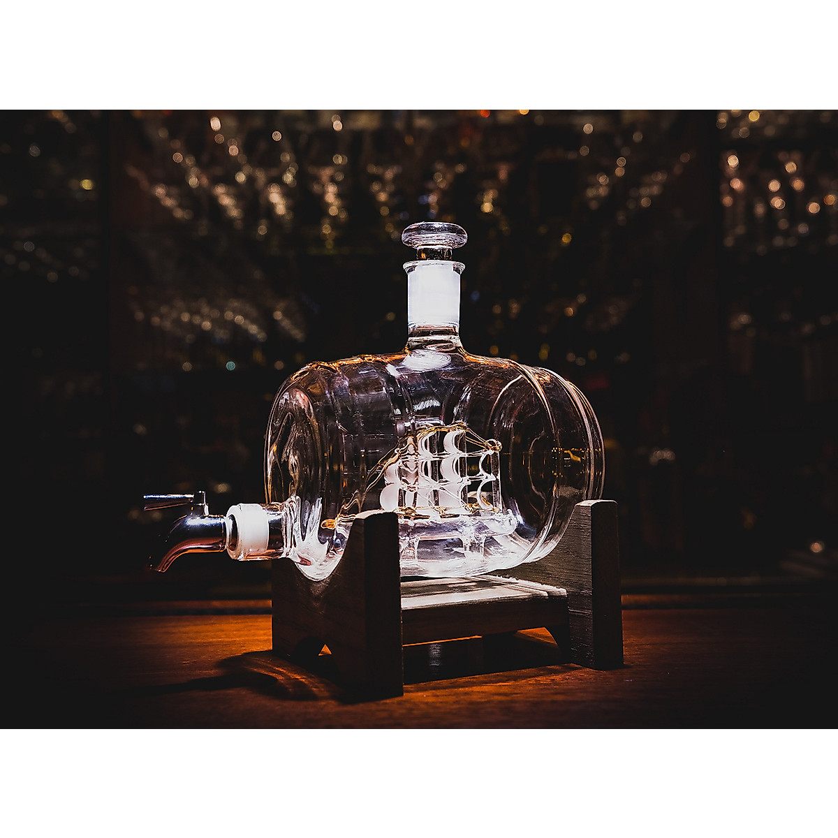 Bourbon Barrel Whiskey Decanter With Ship - 1000ml Liquor Dispenser - Sailing/Boating Gifts for Men and Women, Nautical Decor Retirement Gift (Tomoka Gold)