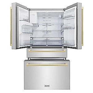 ZLINE 36" Autograph Edition 21.6 cu. ft 4-Door French Door Refrigerator with Water and Ice Dispenser in Stainless Steel with Champagne Bronze Square Handles (RFMZ-W-36-FCB)