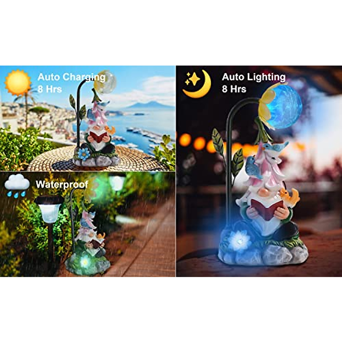 MOOTKA Garden Gnome & Books Statue Garden Gnomes with Solar Light Outdoor, Garden Gnome Statues Solar Powered Light Home Decor, Gifts for Mother's Day for Home Yard Outside Patio Lawn (Green)