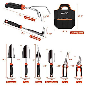 LANNIU Garden Tool Set, 9 Piece Stainless Steel Heavy Duty Gardening Tool Set, with Non-Slip Rubber Grip, Storage Pocket, Ideal Garden Tool Kit Gift for Women/Parent