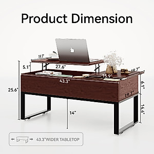 VEELOK Lift Top Coffee Table for Living Room with Hidden Storage Compartment on Rolling Wheels, 3-Way Slide Desktop Drawer Modern Coffee Tables, 43.3" Wood Coffee Table, 440lbs Max Weight, Espresso