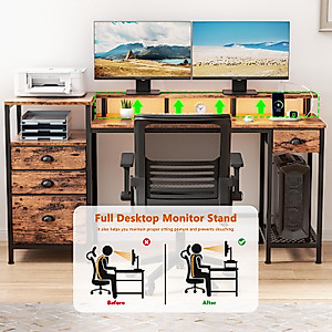 Furologee Computer Desk with 4 Drawers, 60" Office Long Desk with Fabric File Cabinet and Power Outlets, Gaming Desk with LED Lights, Study Writing Work Desk for Home Office, Rustic Brown