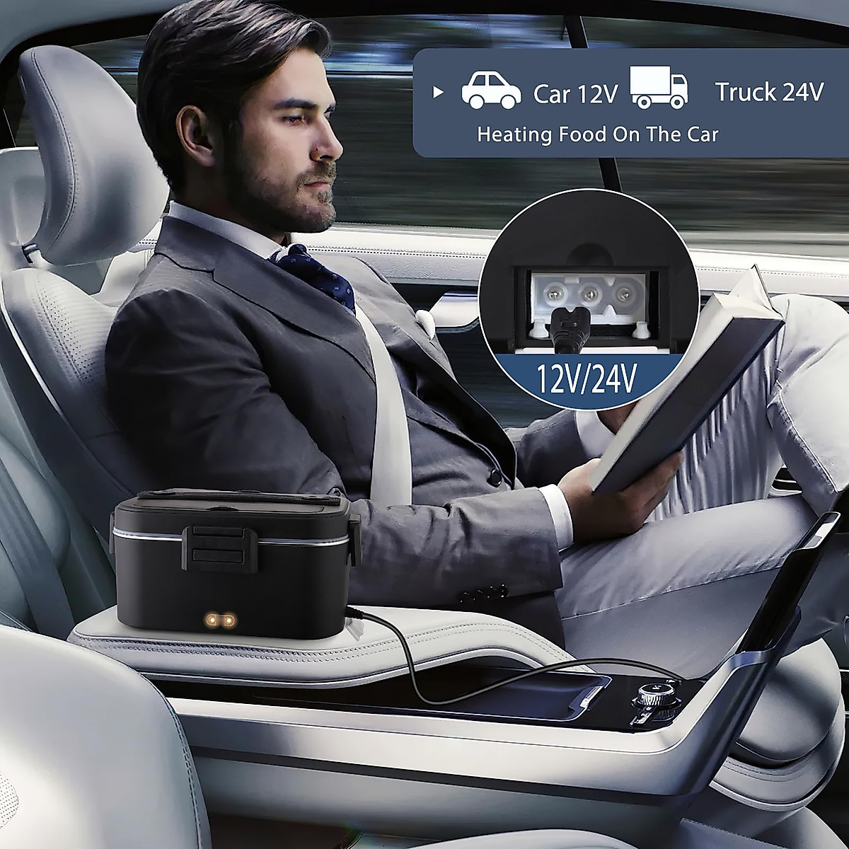 Nifogo Electric Lunch Box Food Heater 75W Portable Heated Lunch Box for Adults 3 in 1 Portable Food Warmer 110V/12V/24V, with 1,8L Removable Stainless Steel Container & Bag(Black)