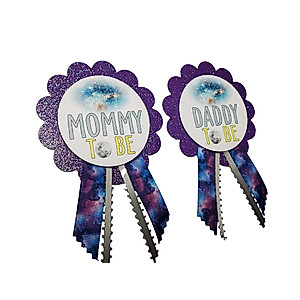 2 Mommy & Daddy to Be Button Pins Galaxy Baby Shower It's a Girl Boy for parents to wear, Purple Glitter Sprinkle