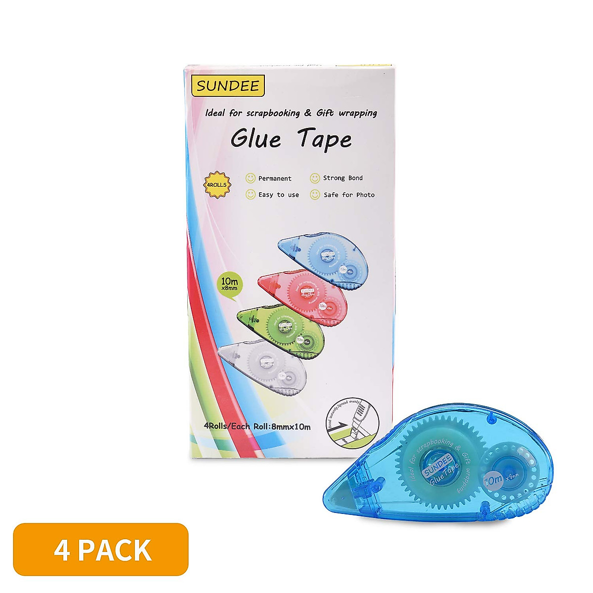 Glue Runner Permanent, Double Sided Adhesive Scrapbook Runner Tape Roller, 0.3-inch by 360-Inch, Permanent Adhesive Dots Roller Applicator, 4 Pack - Blue