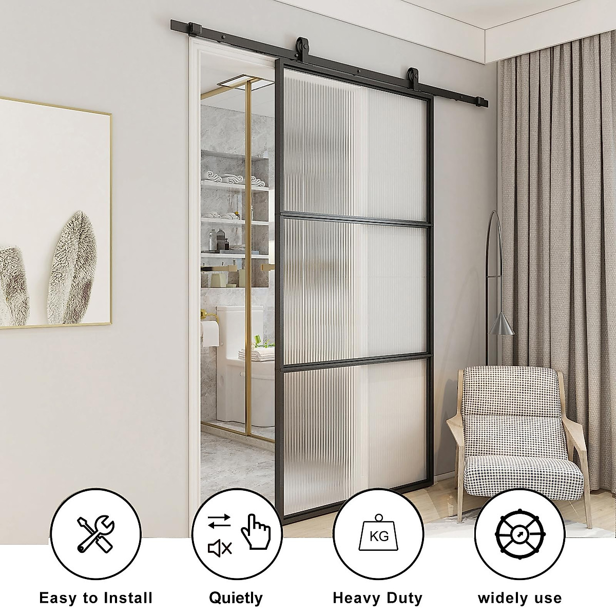 JUBEST Glass Barn Door 42in x 84in, Reeded Glass Carbon Steel Pre-Drilled Frame Sliding Barn Door Panel with 7FT Hardware Kit and Soft Close