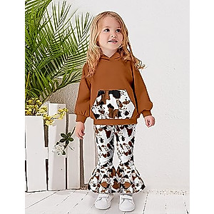 AGAPENG Baby Girl Cow Print Hoodie Sweatsuit - Long Sleeve Sweatshirt & Flare Pants - Fall Winter Clothes 12-18 Month Thanksgiving Outfit
