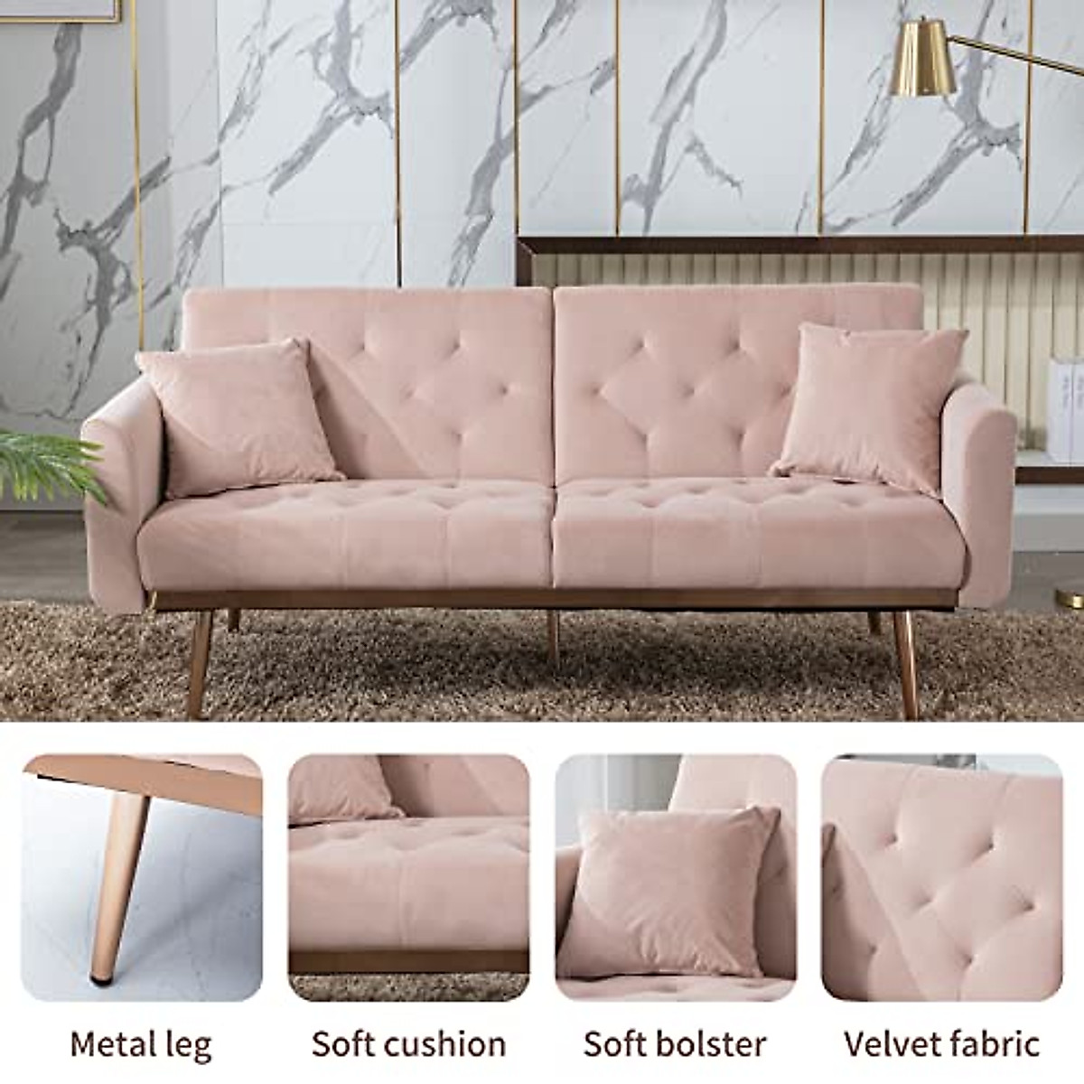 Velvet Futon Sofa Bed,Convertible Sofa Bed with Adjustable Backrest, Modern LoveSeat Sofa Couch for Living Room,Bedroom,Office（Pink）