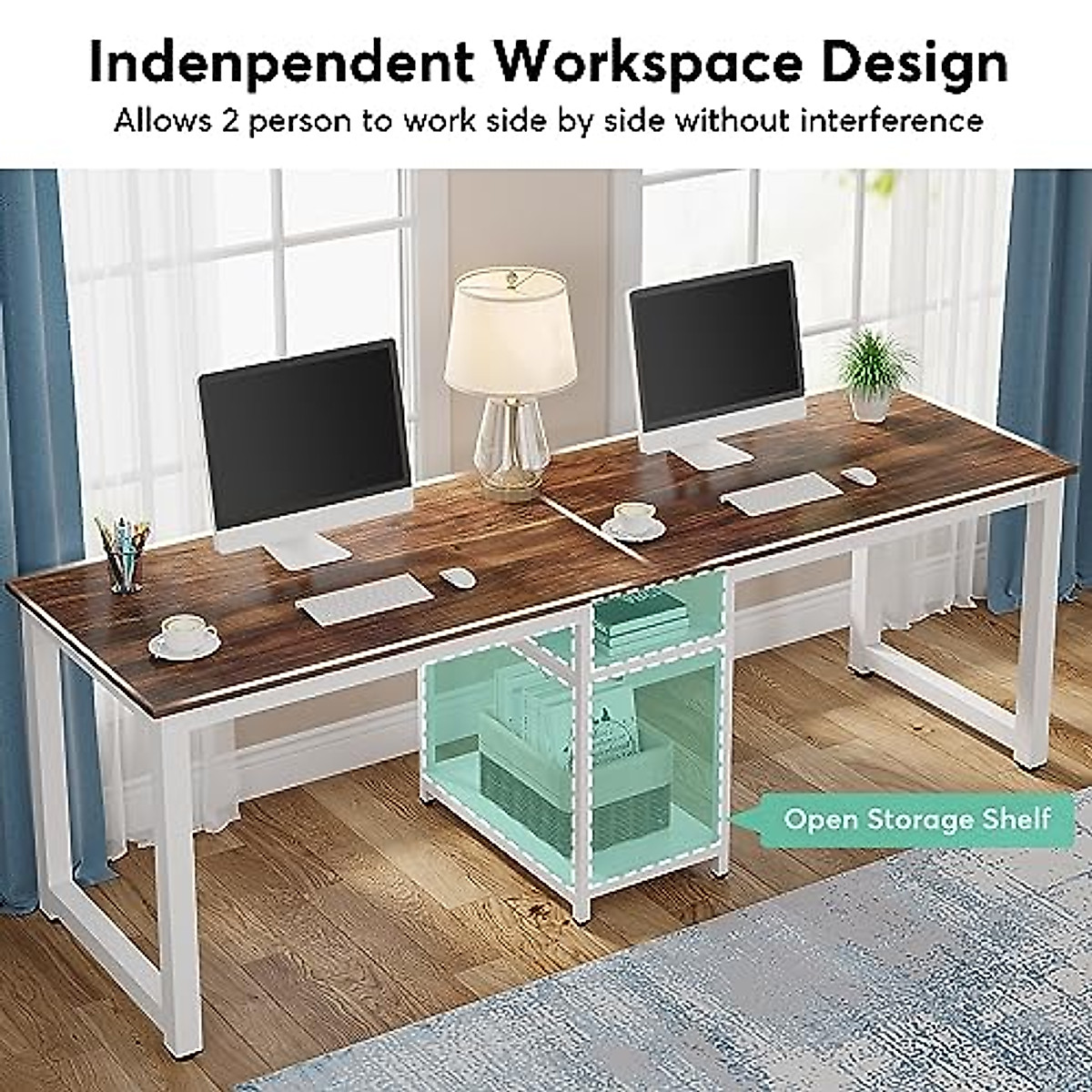 Tribesigns 78 Inches Computer Desk, Extra Large Two Person Office Desk with Shelf, Double Workstation Desk for Home Office (Brown/White)