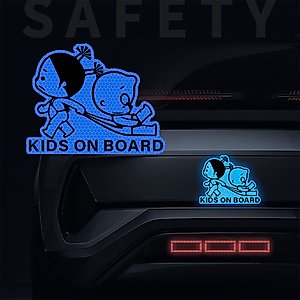 Dreothy 2pcs Kids on Board Car Stickers,High Intensity Night Safety Warning Baby on Board Sign Vinyl Stickers for Cars Motorcycle Trucks Bumper Sticker Window Decal (Blue)