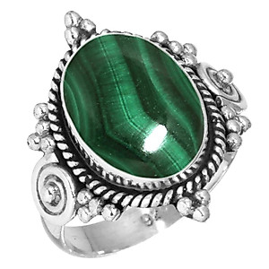 JEWELOPORIUM 925 Sterling Silver Ring for Women Green Real Malachite Stone Fashion Silver Ring Size 8.5 Anniversary - Gift Boho Jewelry