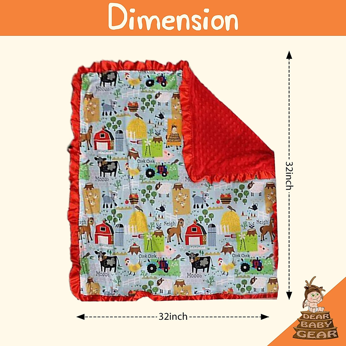 Dear Baby Gear Farm Deluxe Baby Blanket - Reversible, Milestone & Newborn Gifts for Girls and Boys - Farm Life Animals, Tractor, Red, 32 Inches by 32 Inches