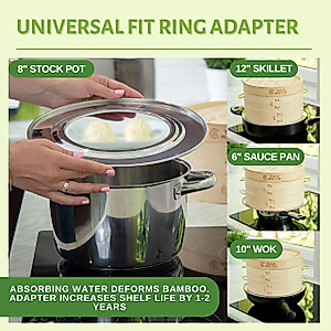 Dumpling Bamboo Steamer 10 Inch 2 Tier Wooden Basket With Handle, Ring Adapter, Reusable Silicone Liner, Kit For Cooking Baby Bao Bun, Dim Sum, Rice Potsticker Steaming Chinese Asian Food & Vegetables