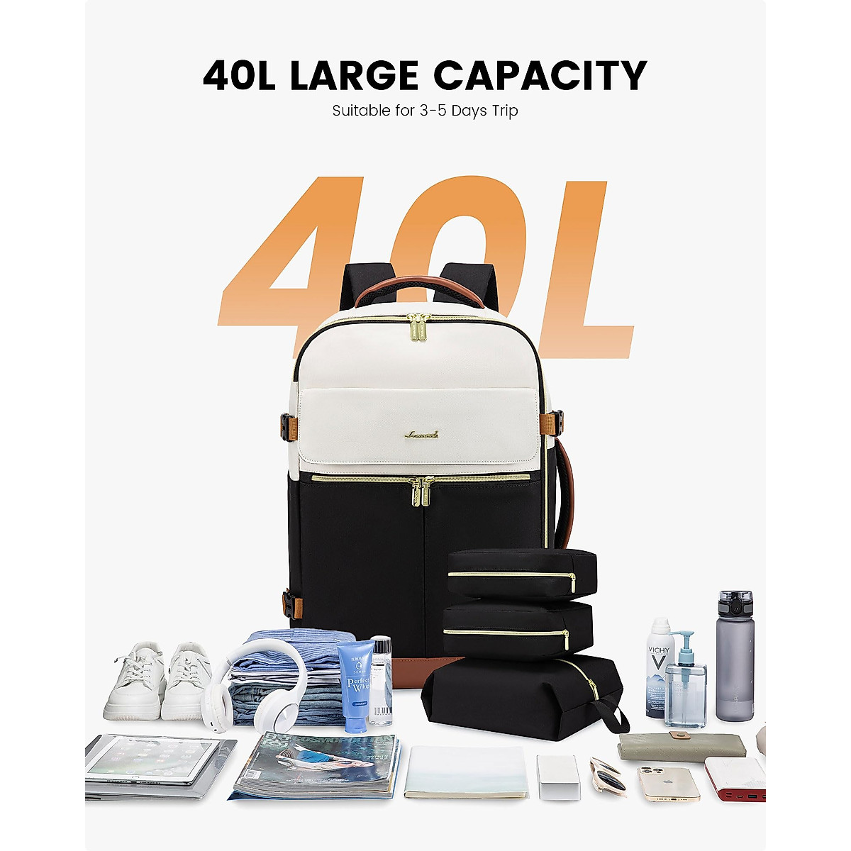 LOVEVOOK Travel Backpack for Women, TSA Carry On Backpack Flight Approved Luggage, 40L Water Resistant Personal Item Daypack Large Weekender Bag fit 17 inch Laptop with 3 Cubes, Beige-black-brown