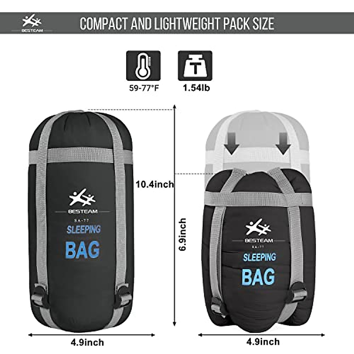 BESTEAM Warm Weather Sleeping Bag - Portable, Waterproof, Compact Lightweight, Packable with Compression Sack for Camping Backpacking Hiking, for Kids, Teens Adults - Spring Summer Fall