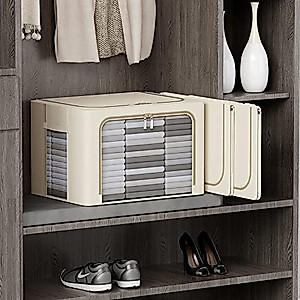 4 Pack Clothes Storage Bins - Large Foldable Container Box for Shelves Nursery Toys Stackable Fabric Storage Box Organizer Set with Clean Window and Handles (66L, Beige)