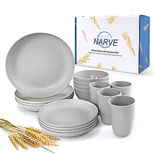 Wheat Straw Dinnerware Sets (16pcs) Grey-Unbreakable Microwave Safe-Lightweight Bowls, Cups, Plates Set-Reusable, Eco Friendly,Dishwasher Safe,Wheat Straw Plates,Wheat Straw Bowls, Cereal Bowls