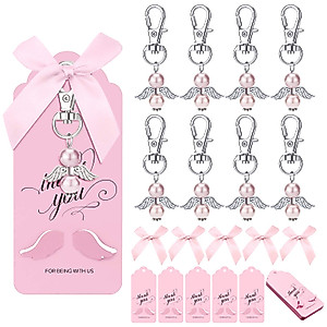 MOVINPE Thank You Favors in Bulk, Angel Keychains Favor + Bows + Angel Wing Thank You Tags, Guest Return Favors for Baby Girl Baby Shower, Bridal Shower, Wedding Charm, Party Favors (Pink 20Sets)