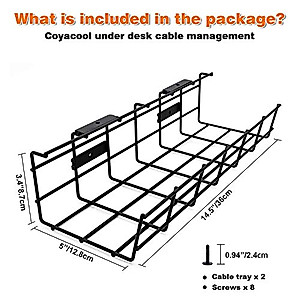 COYACOOL Under Desk Cable Management- 2 Pack Cord Organizer. Metal Wire Cable Management Tray for Office, Studio and Home. Super Sturdy Under Table Cable Management - Black Cable Organizer
