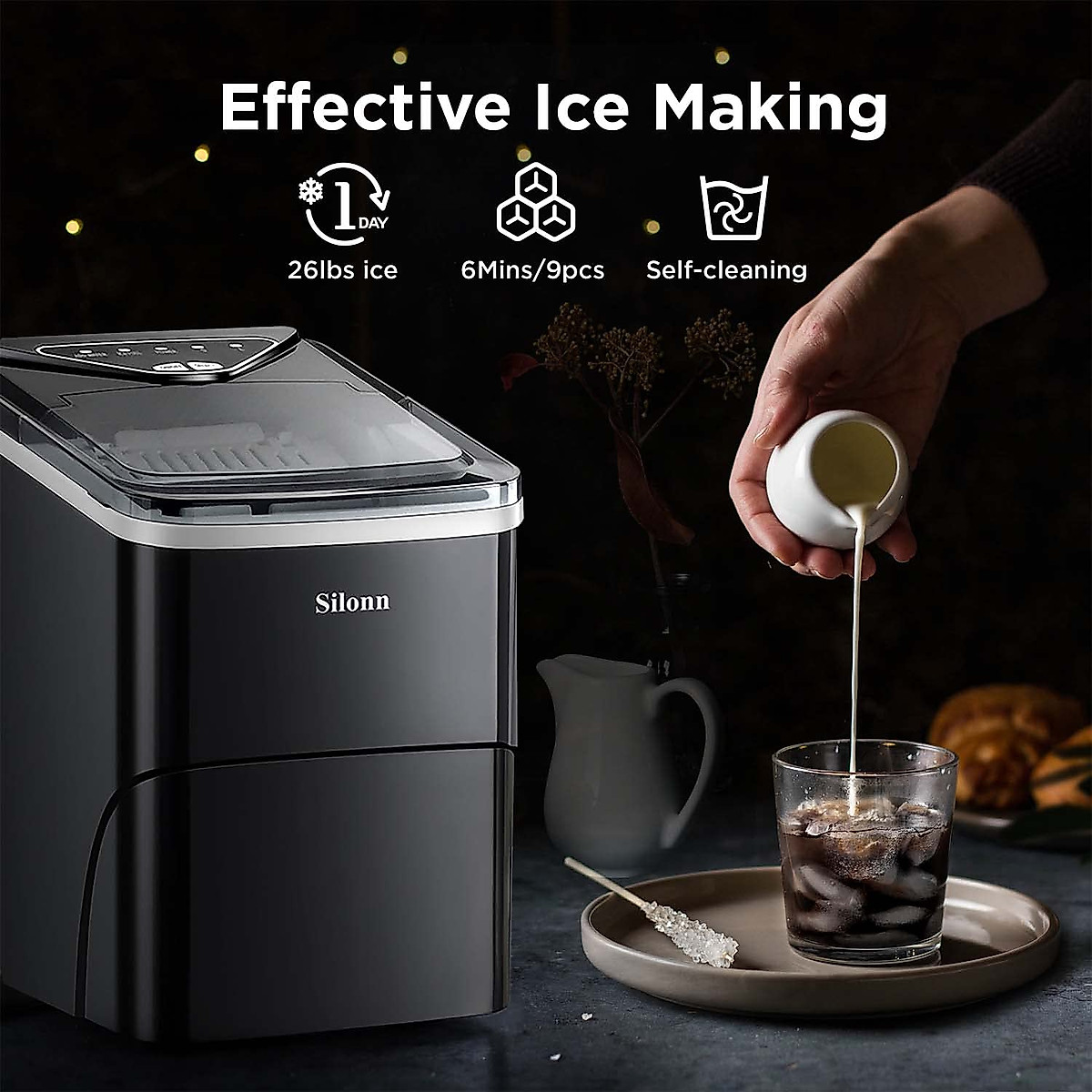 Silonn Ice Maker Countertop & Brita Water Filter Pitcher for Tap and Drinking Water with 1 Standard Filter, Lasts 2 Months, 6-Cup Capacity, BPA Free, White